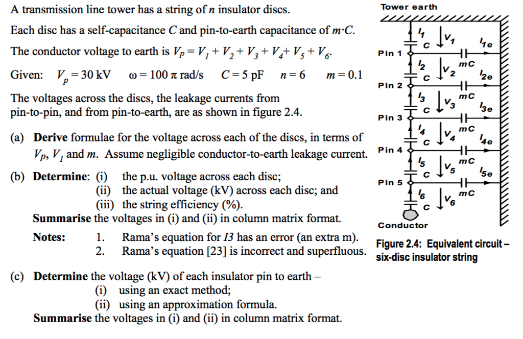 Solved A transmission line tower has a string of n insulator | Chegg.com