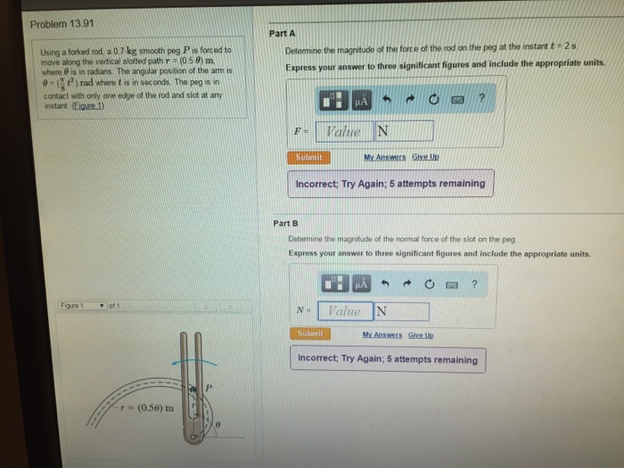 Solved Using a forked rod, a 0.7. kg smooth peg P is forced | Chegg.com