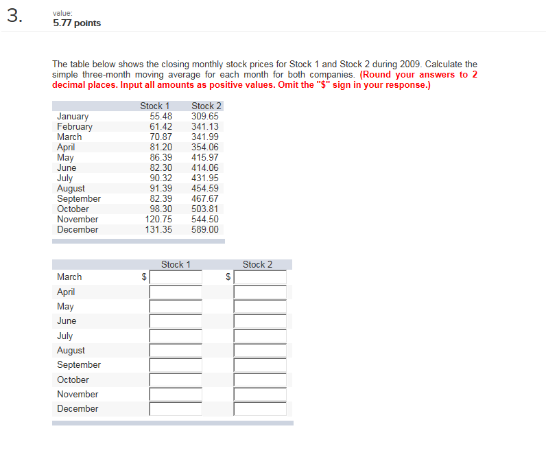 Solved The table below shows the closing monthly stock | Chegg.com