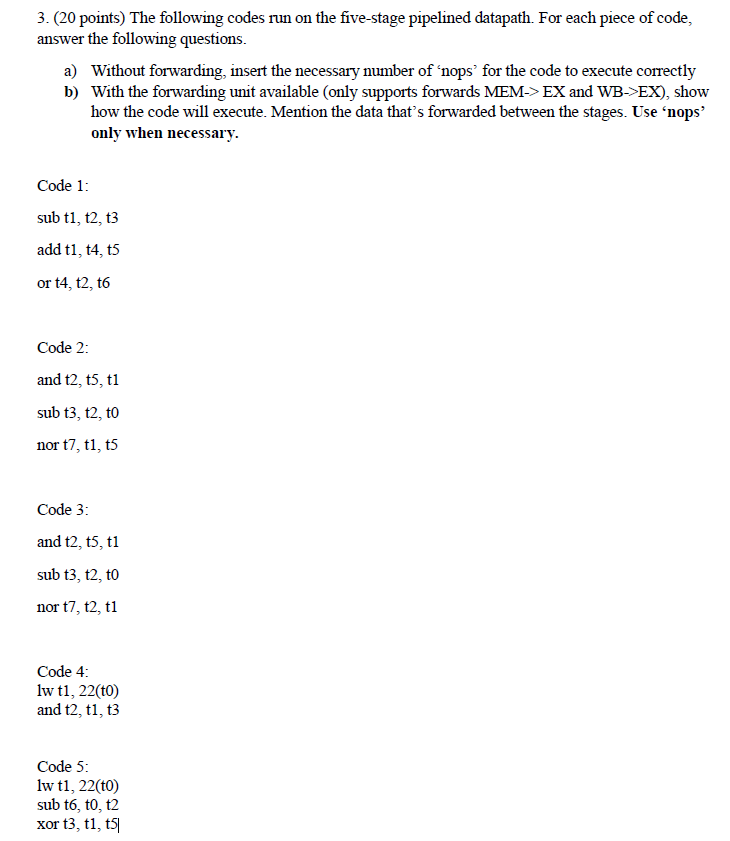 The following codes run on the five-stage pipelined | Chegg.com