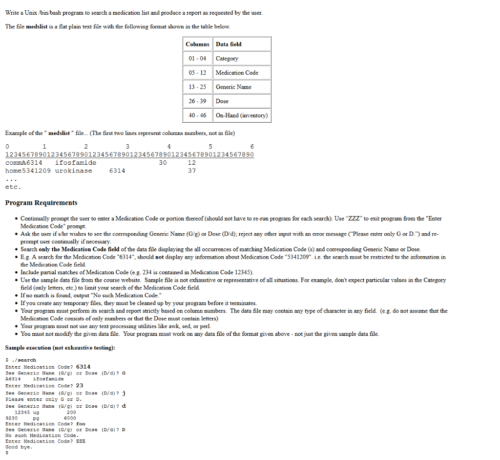Solved Write a Unix /bin/bash program to search a medication | Chegg.com