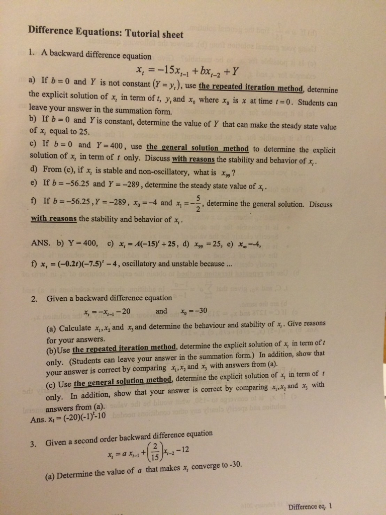 Difference Equations: Tutorial sheet l. A backward | Chegg.com