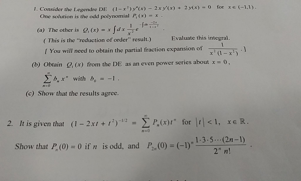Solved Consider the Legendre DE (1 - x^2)y"(x) - 2xy(x) + 2 | Chegg.com
