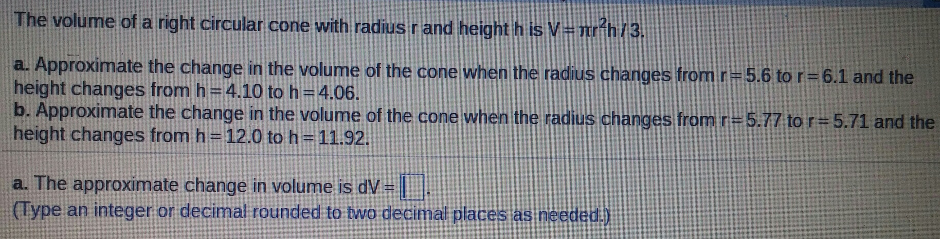 Solved The volume of a right circular cone with radius r and | Chegg.com