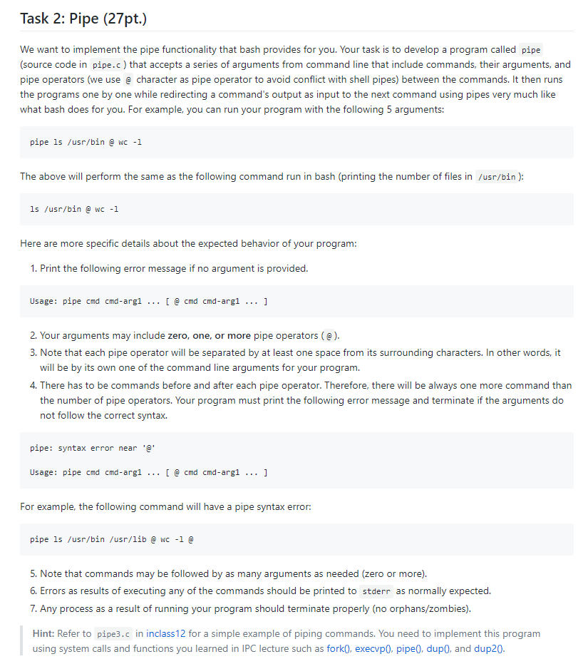 Task 2: Pipe (27pt.) We want to implement the pipe | Chegg.com