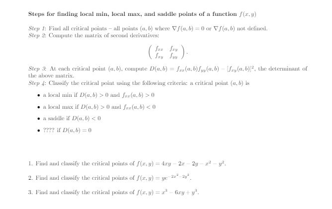 Solved Steps for finding local min. local max. and saddle | Chegg.com