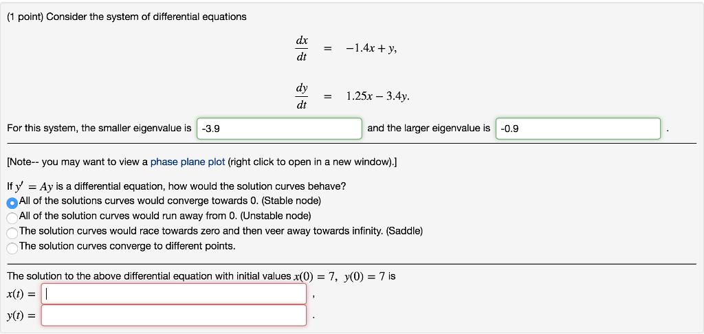 Solved 1 point) Consider the system of differential | Chegg.com