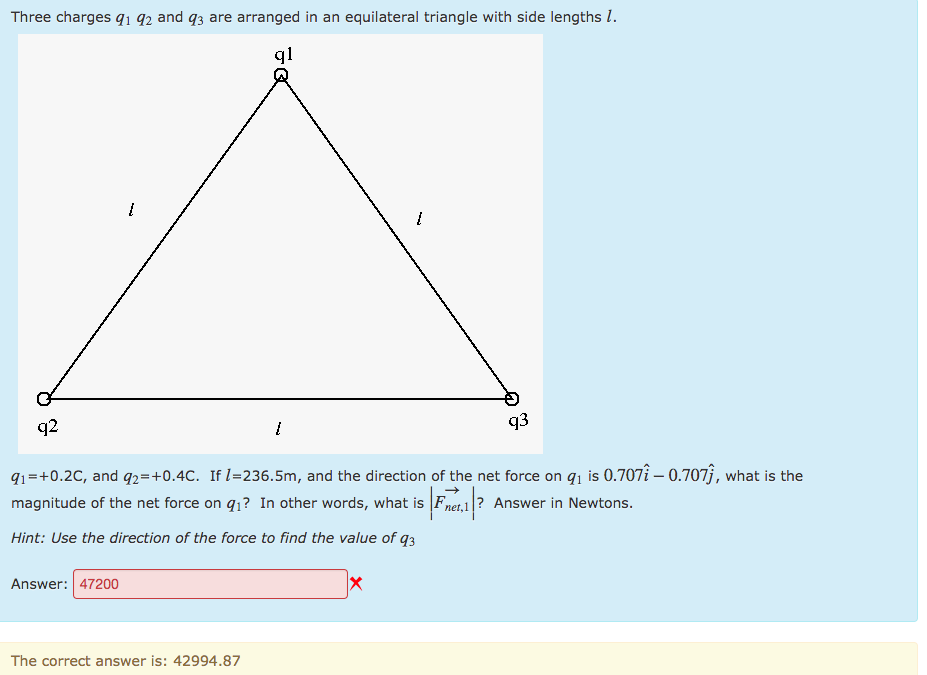 Solved Three charges q1 42 and q3 are arranged in an | Chegg.com