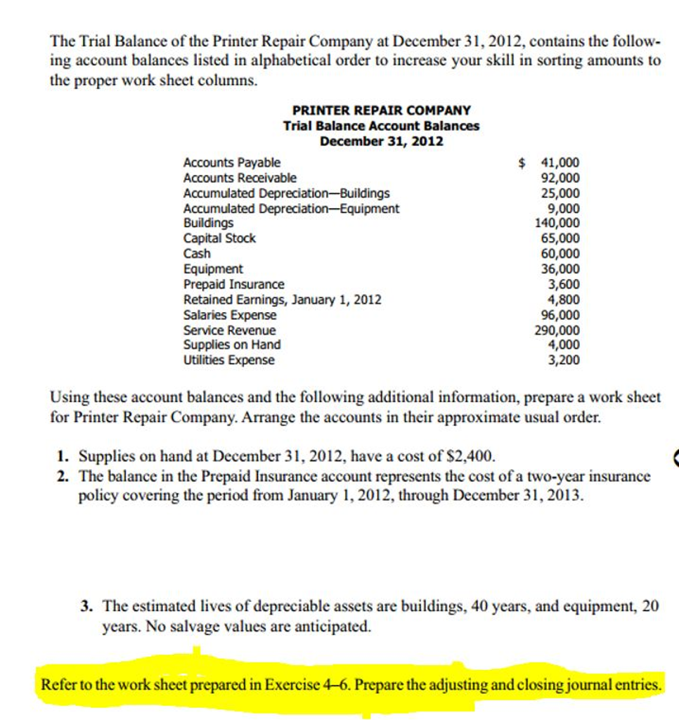 Solved The Trial Balance of the Printer Repair Company at | Chegg.com