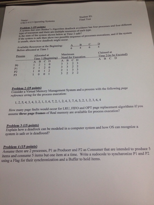 Solved A system that uses Banker's Algorithm deadlock | Chegg.com
