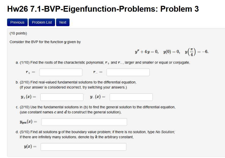 Solved Consider the BVP for the function y given by y'' + 4y | Chegg.com