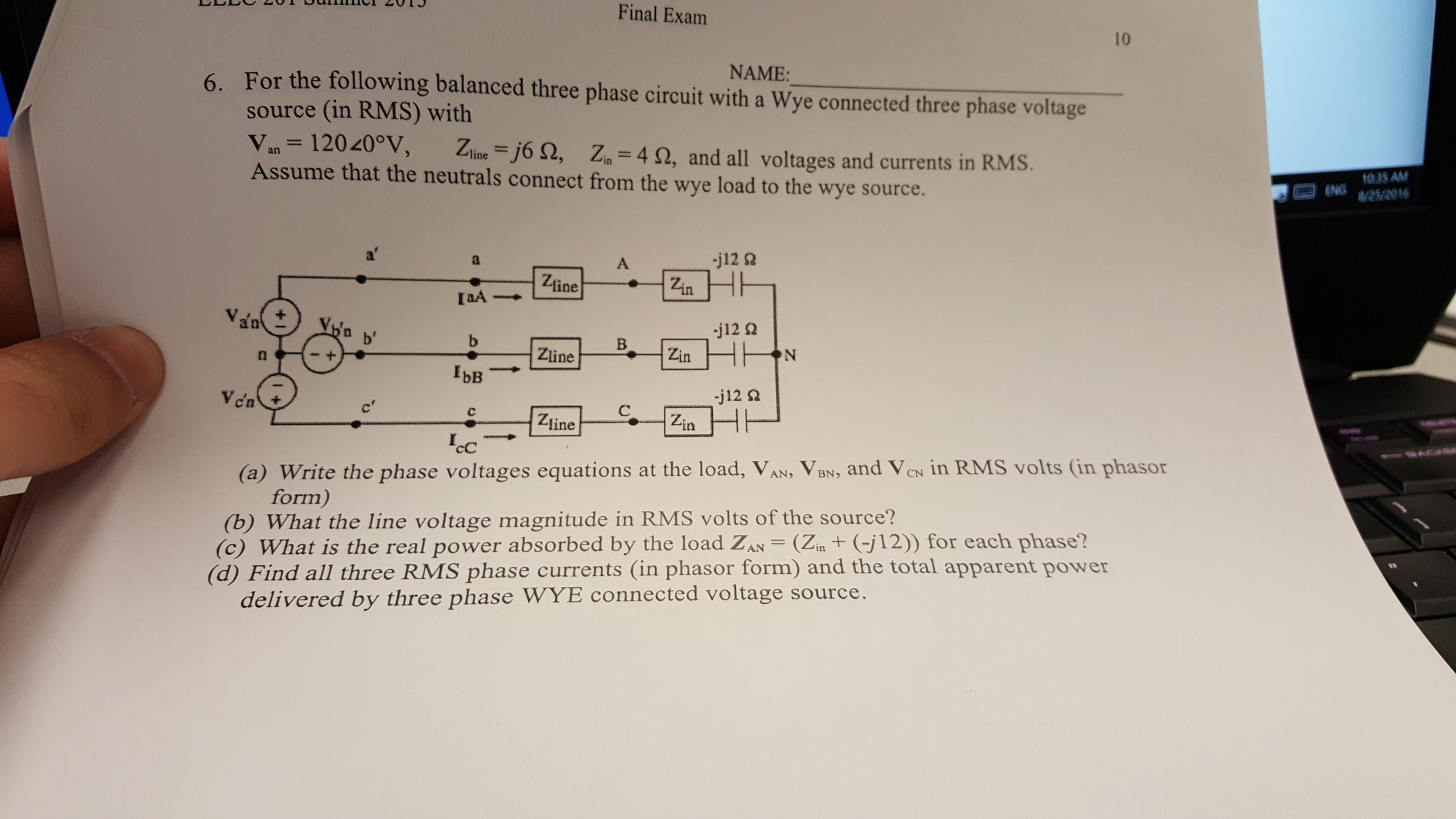 Solved For the following balanced three phase circuit with a | Chegg.com