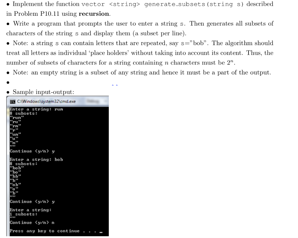 Solved · Implement the function vector generate-subsets | Chegg.com