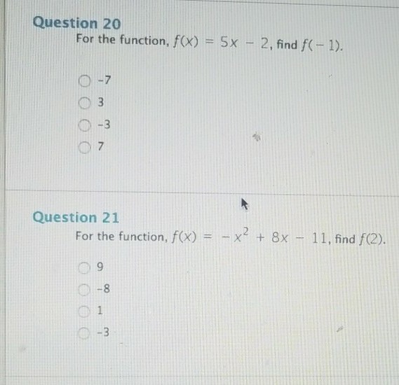 Solved For the function, f(x) = 5x - 2, find f(- 1). -7 3 | Chegg.com