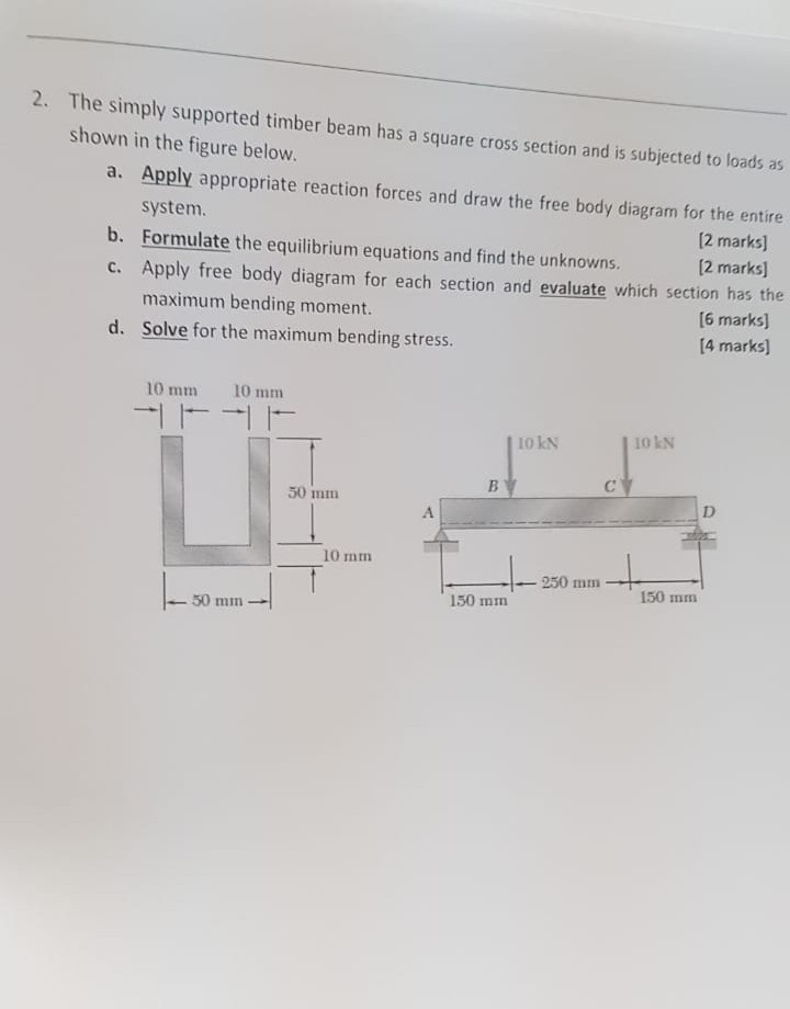 Solved 2. The simply supported timber beam has a square | Chegg.com