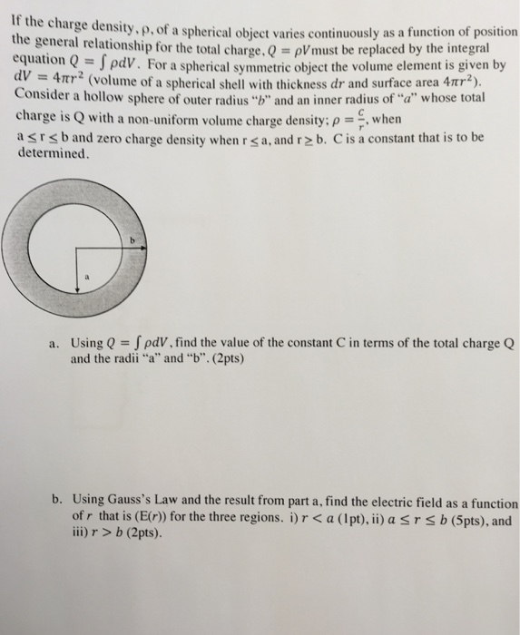 Solved If the charge density. rho. of a spherical object | Chegg.com