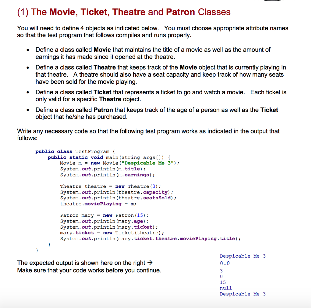 Solved (1) The Movie, Ticket, Theatre and Patron Classes You | Chegg.com