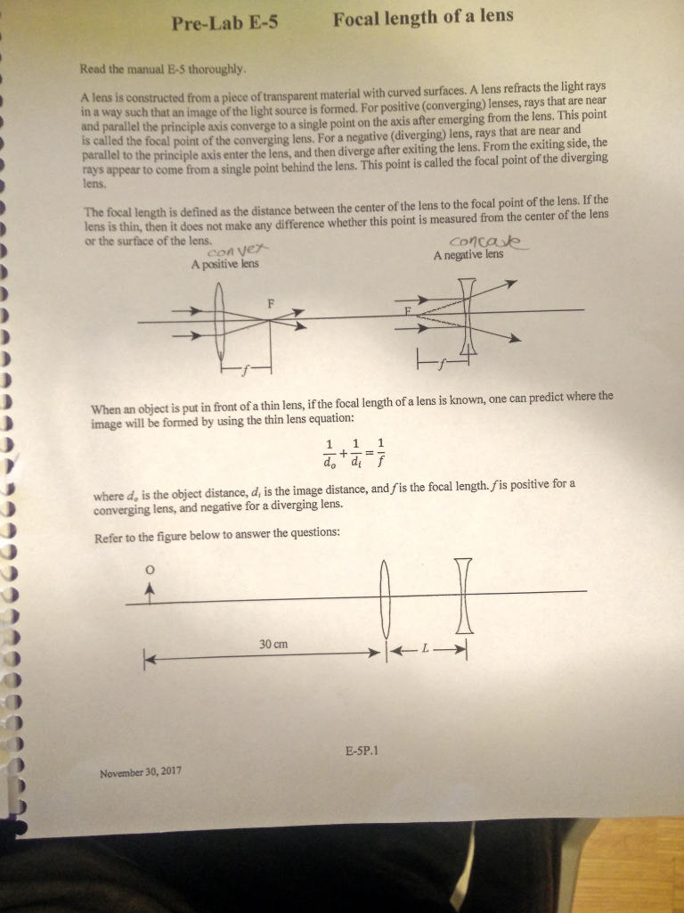 Solved Pre-Lab E-5 Focal length of a lens Read the manual | Chegg.com