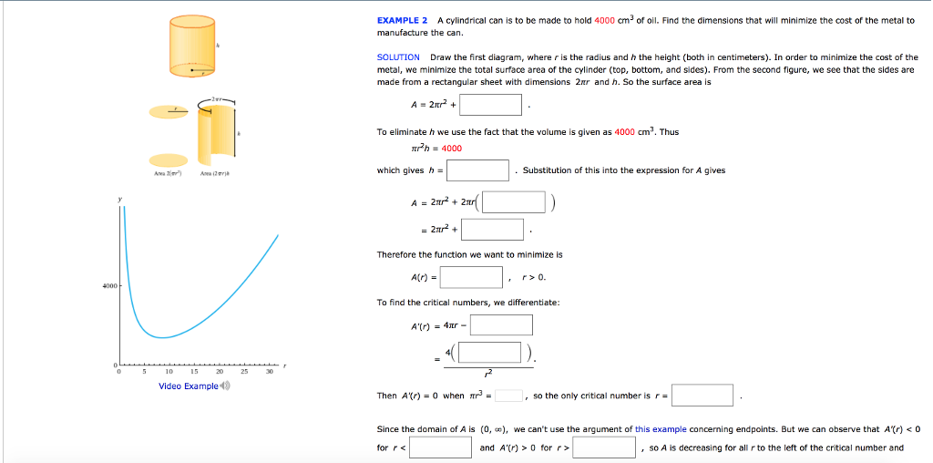 Solved EXAMPLE 2 A cylindrical can is to be made to hold | Chegg.com