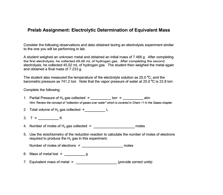 Solved Prelab Assignment: Electrolytic Determination of | Chegg.com