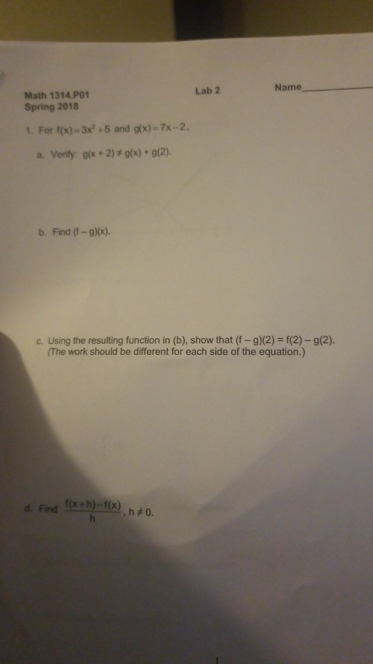Solved Name Lab 2 Math 1314 PO1 Spring 2018 1. For f(x)-3x+5 | Chegg.com
