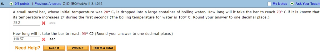 Solved A small metal bar, whose initial temperature was 20 | Chegg.com