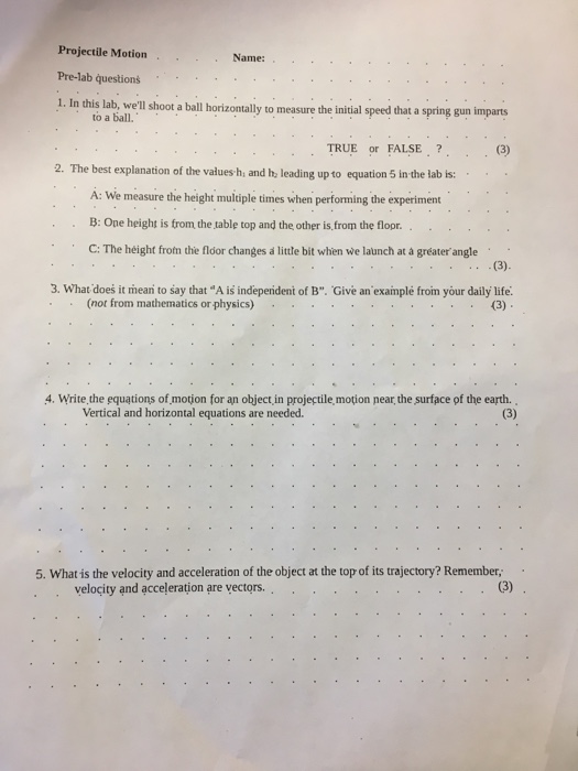 Solved Projectile Motion Name Pre Lab Questions 1 In