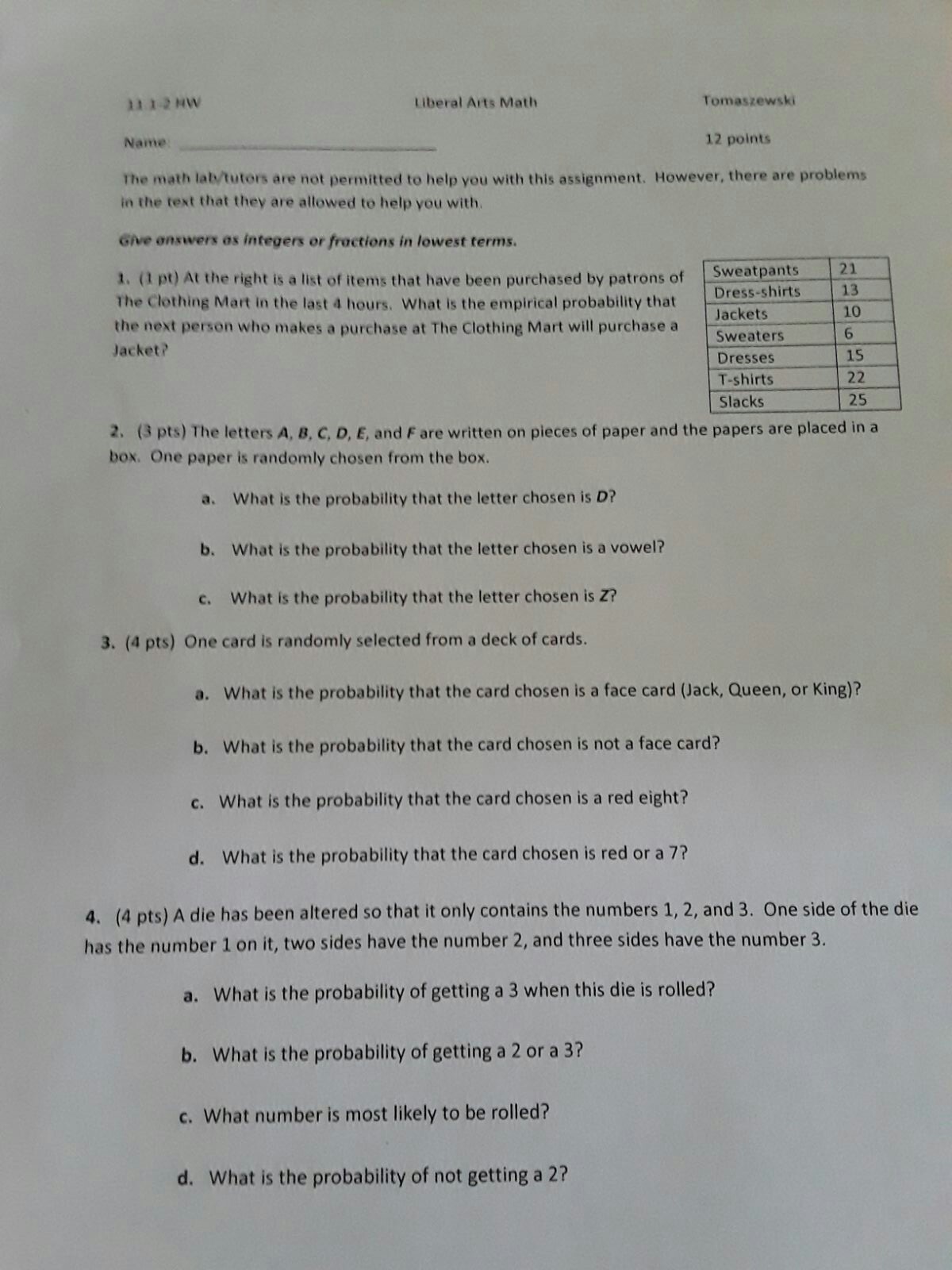 Solved Liberal Arts Math Tomaszewski Name 12 points The math | Chegg.com