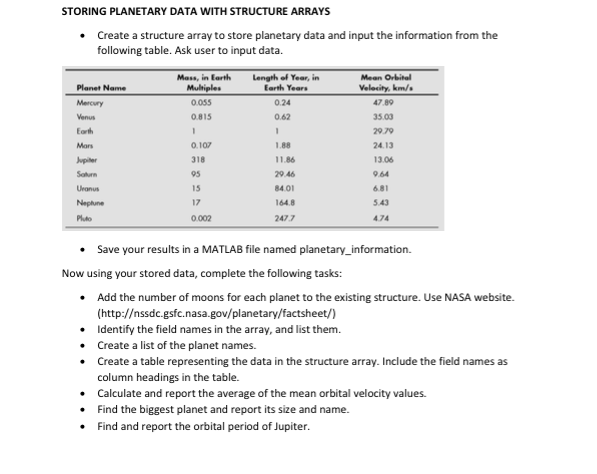 Create a structure array to store planetary data and | Chegg.com