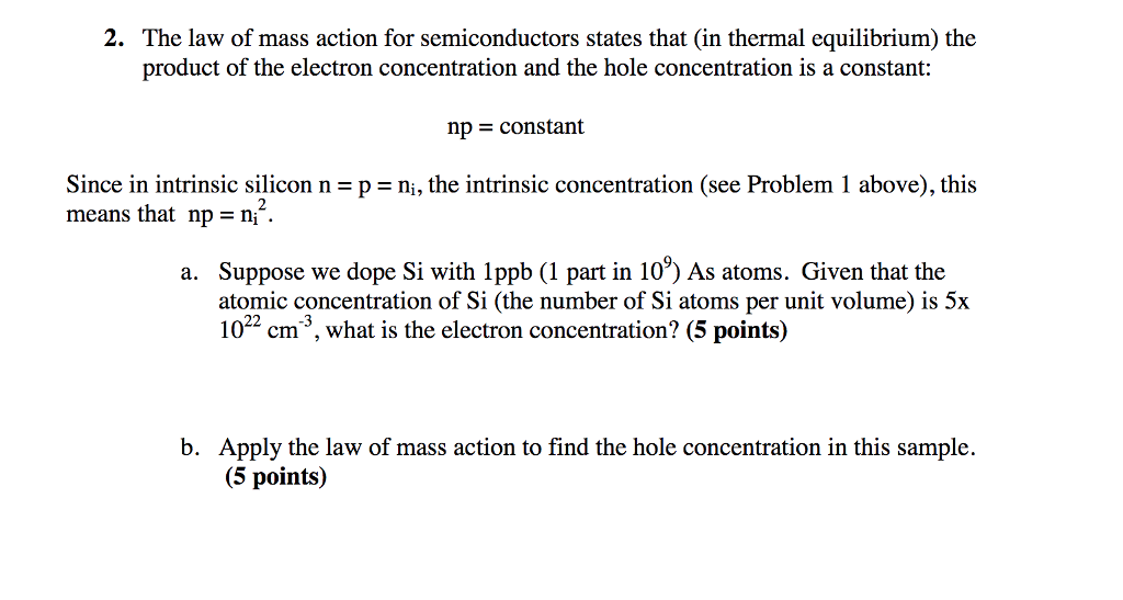 Solved 2. The law of mass action for semiconductors states | Chegg.com
