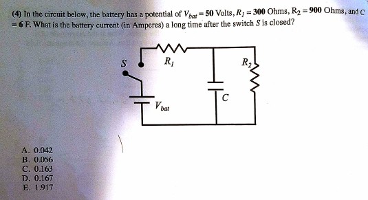 Solved (4) In the circuit below, the battery has a potential | Chegg.com