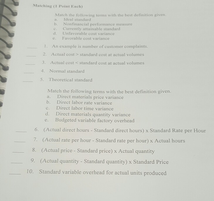 Solved Matching (1 Point Each) Match the following terms | Chegg.com
