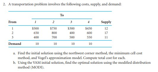Solved 2. A transportation problem involves the following | Chegg.com