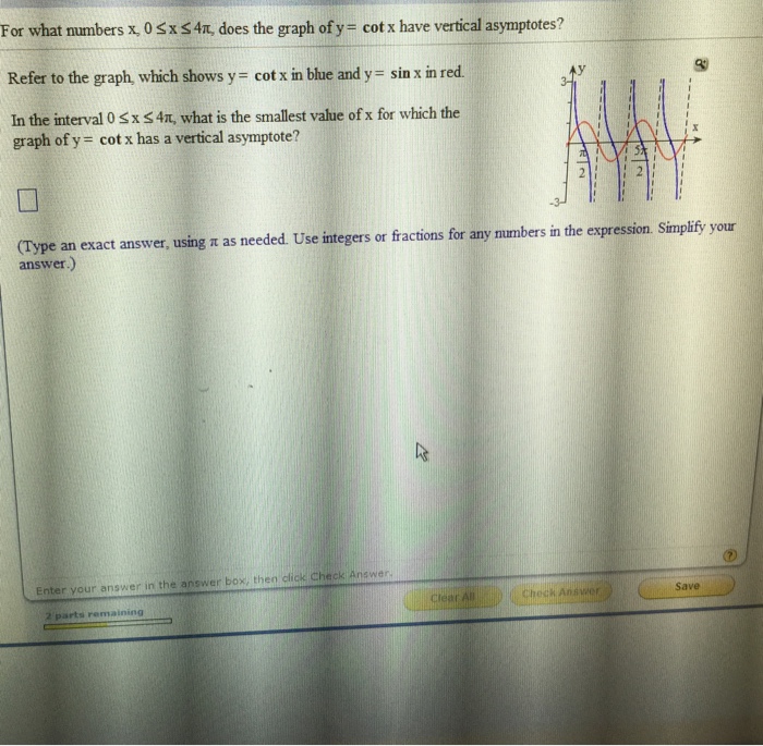 Solved For what numbers x, o Sxs4r, does the graph ofy= cotx | Chegg.com