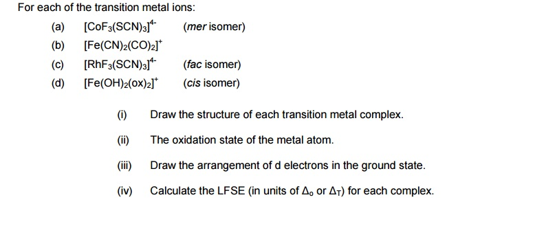 Solved For each of the transition metal ions: I have the | Chegg.com