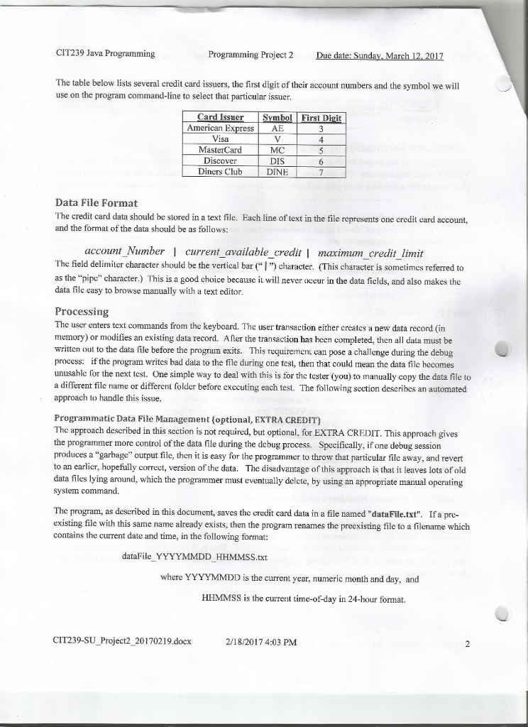 CIT239 Java Programming Programming Project 2 Due | Chegg.com
