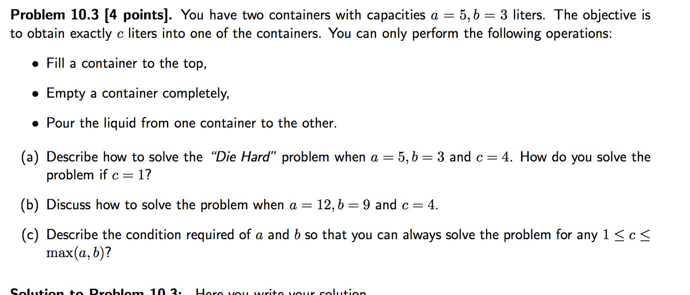 Solved You have two containers with capacities a = 5, b - 3 | Chegg.com