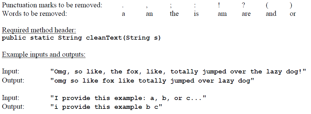 Solved (In Java): Write a method that cleans a string by | Chegg.com