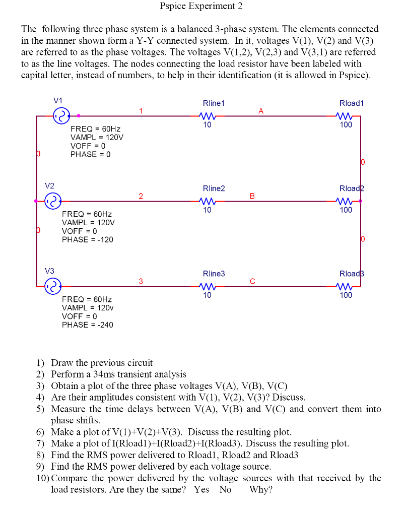Solved Pspice Experiment 2 The following three phase system | Chegg.com