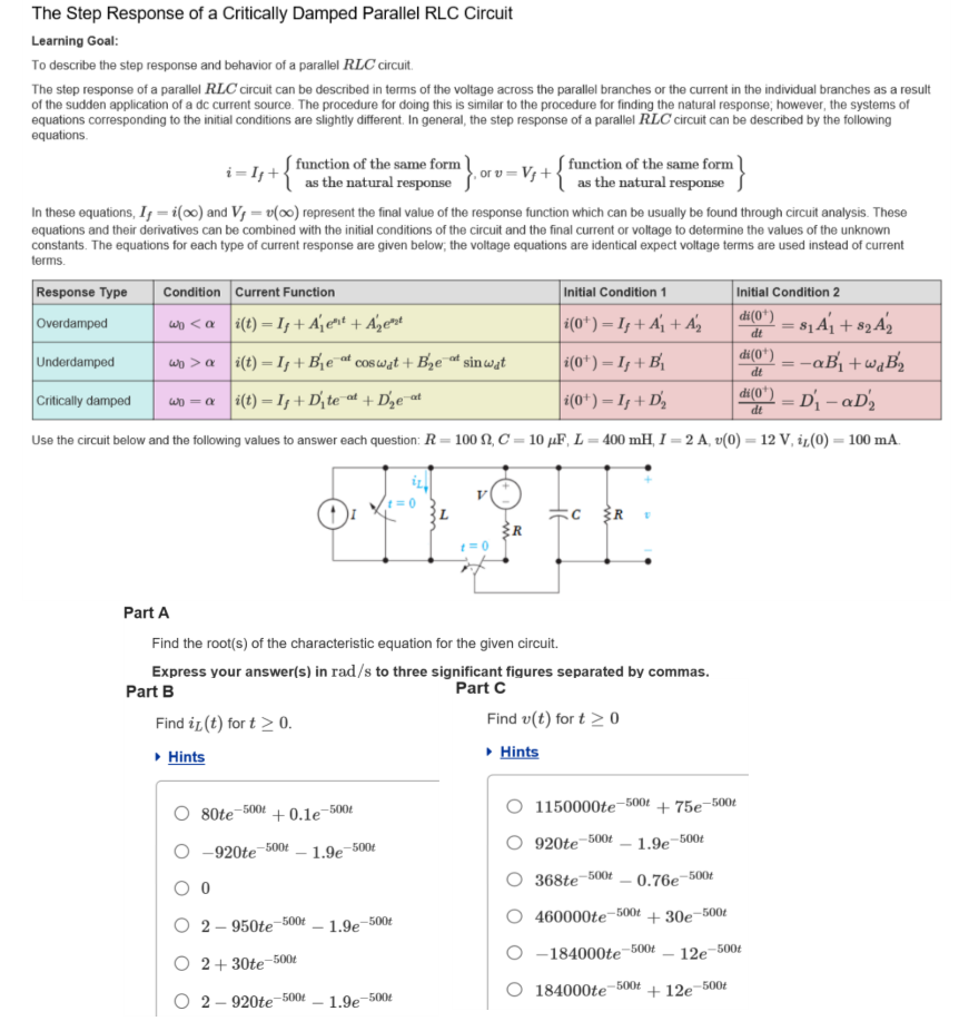Solved The Step Response of a Critically Damped Parallel RLC | Chegg.com
