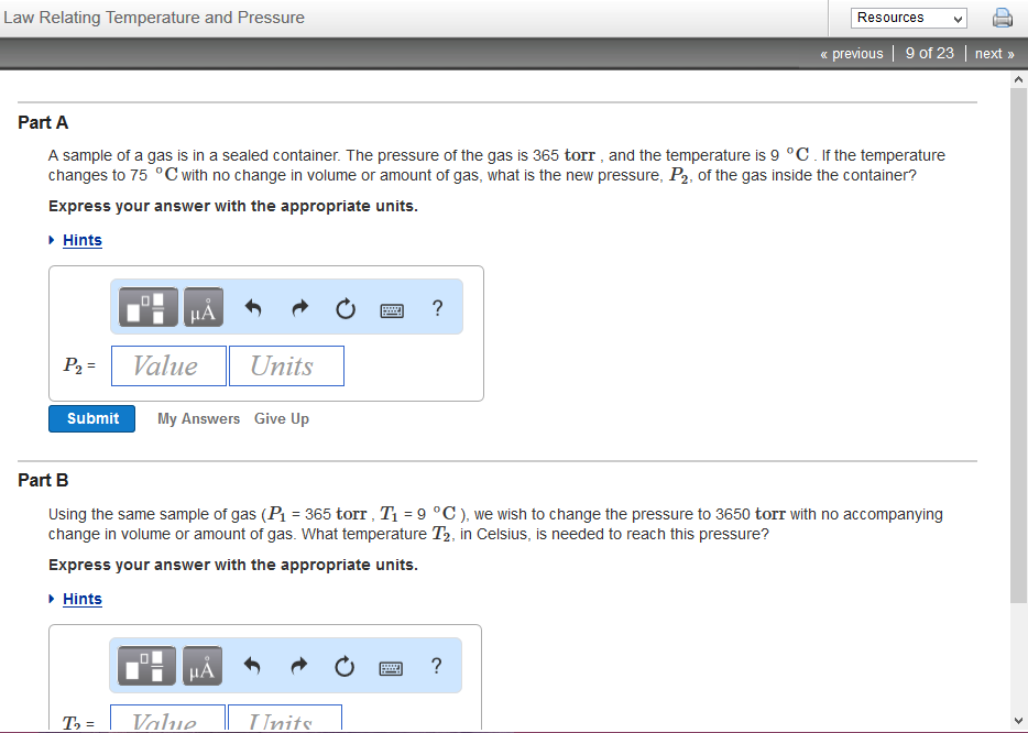 Solved Law Relating Temperature and Pressure Resources « | Chegg.com