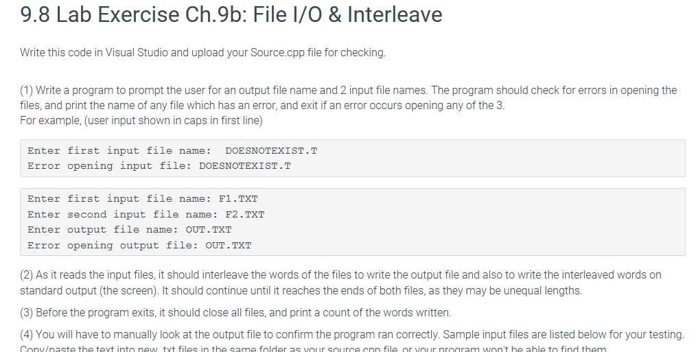 Solved 9.8 Lab Exercise Ch.9b: File I/O & Interleave Write | Chegg.com