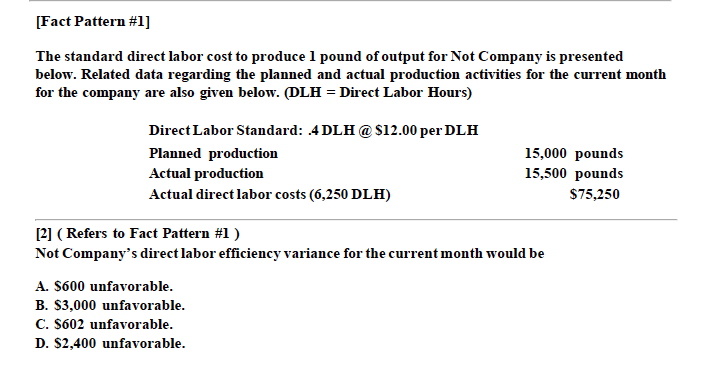 Solved Fact Pattern #1] The standard direct labor cost to | Chegg.com