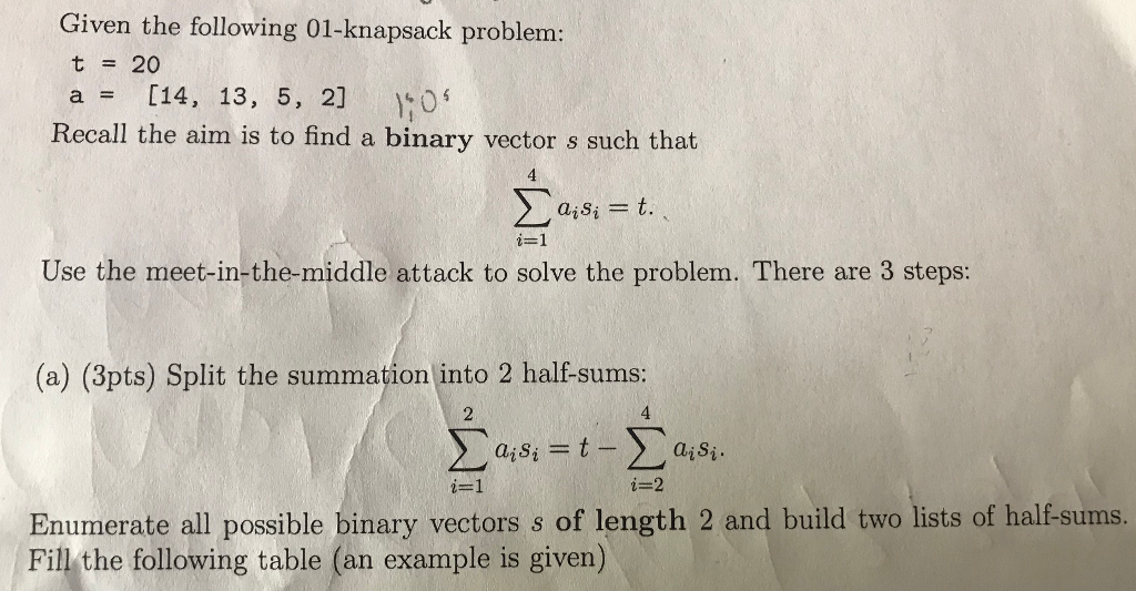 Solved Given the following 01-knapsack problem: t = 20 a = | Chegg.com