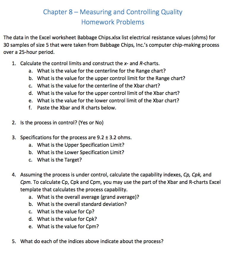 Chapter 8- Measuring and Controlling Quality Homework | Chegg.com