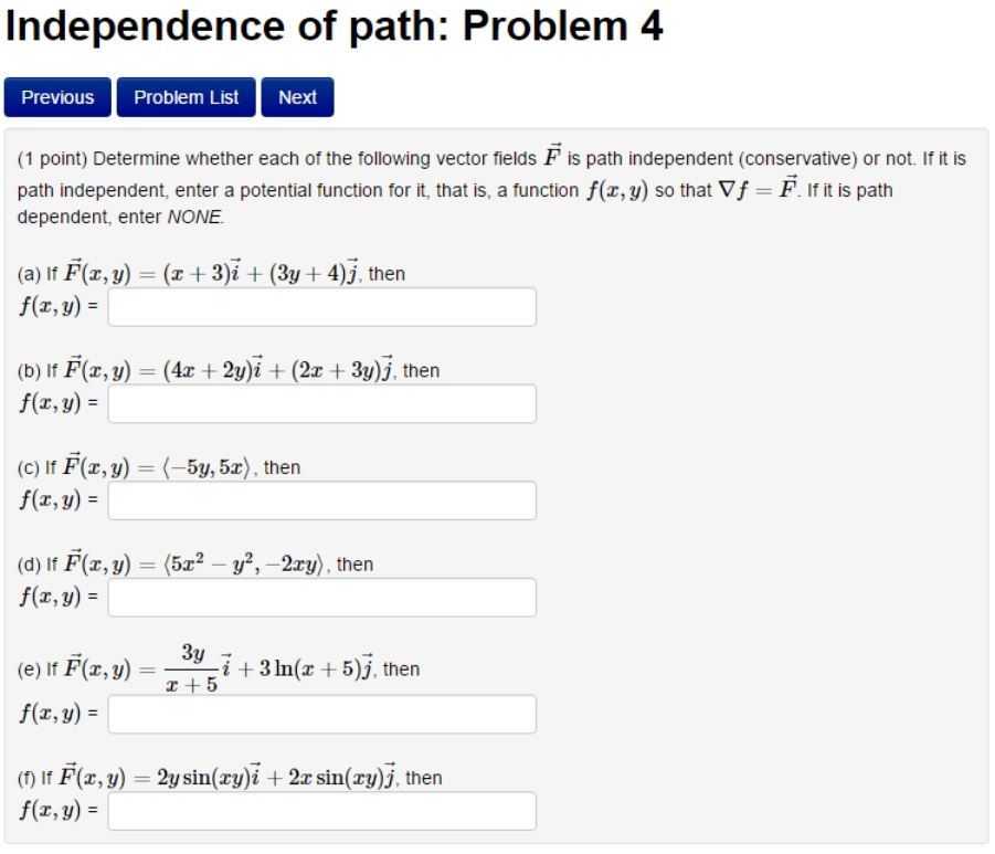 Solved Independence of path: Problem 4(1 point) Determine | Chegg.com