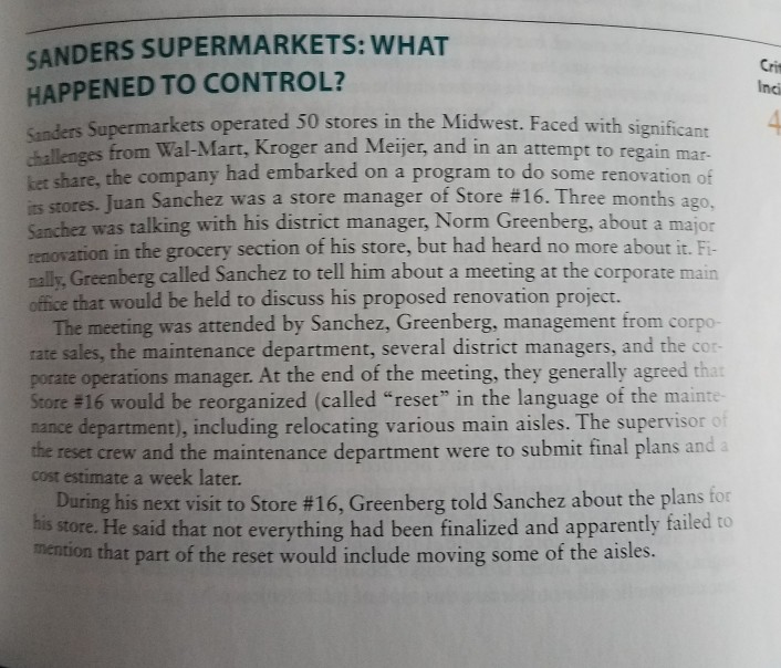 Solved SANDERS SUPERMARKETS: WHAT HAPPENED TO CONTROL? Crit | Chegg.com