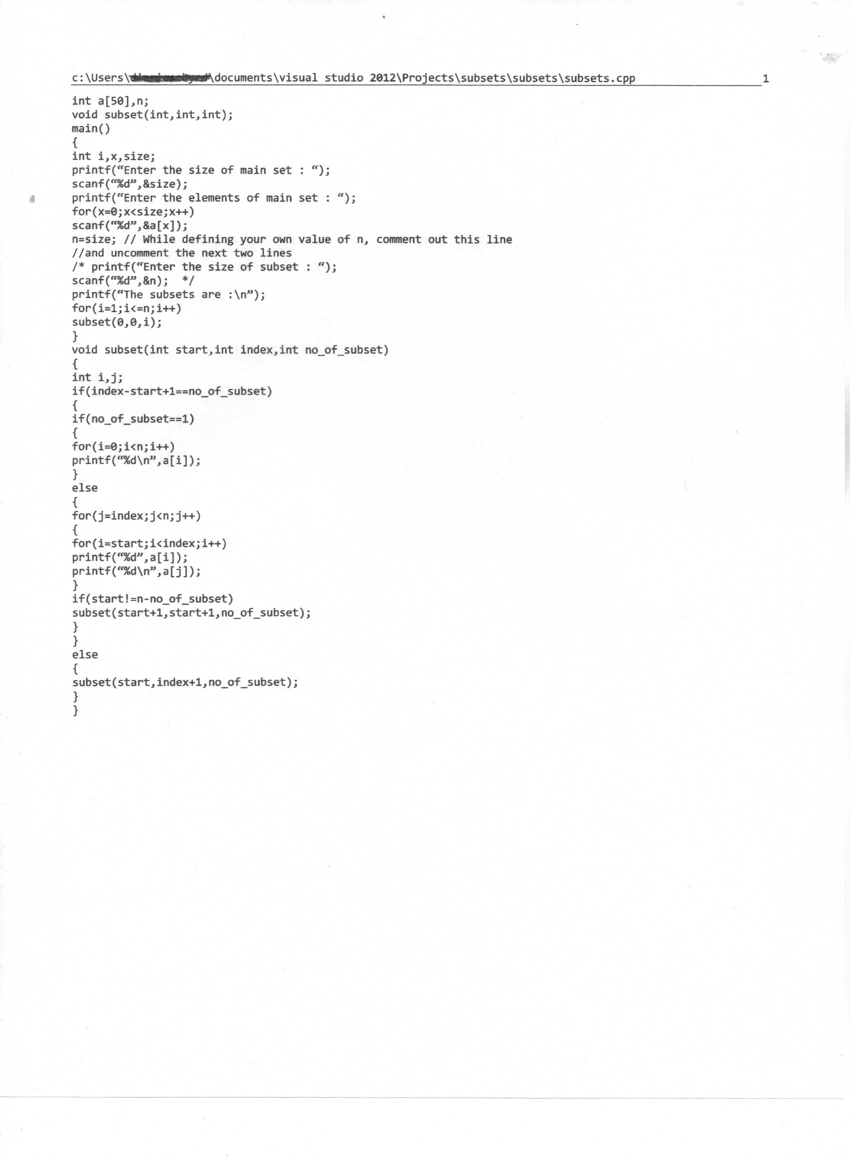 Solved int a[50],n; void subset(int,int,int); main() { | Chegg.com