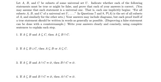 Solved Let A, B, and C be subsets of some universal set. | Chegg.com