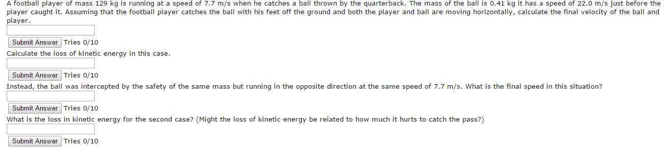 Solved A football player of mass 129 kg is running at a | Chegg.com